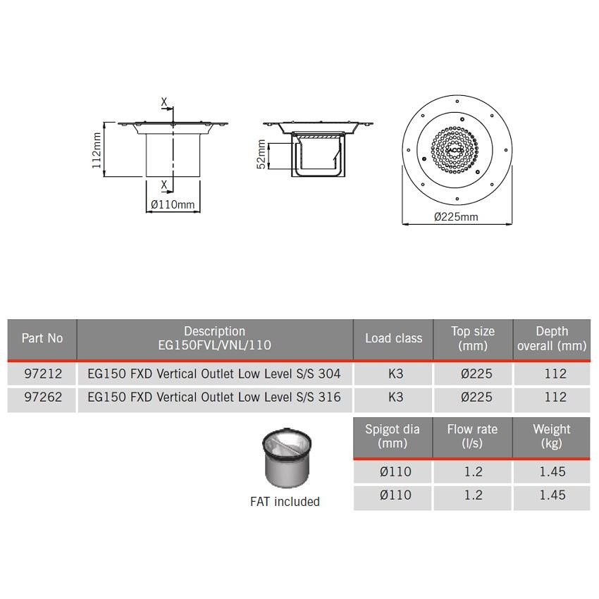 ACO Hygienic Stainless Steel EG150 Gully - Fixed Height Vertical Outlet