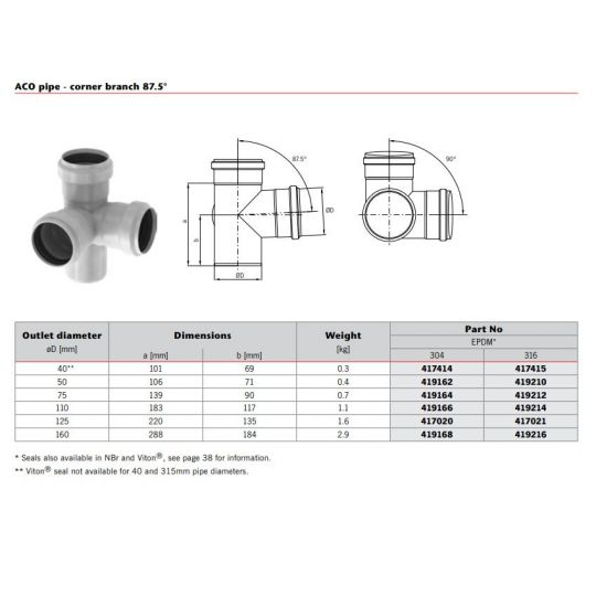 ACO Stainless Steel Socketed 87.5 Degree Corner Pipe Branch with EPDM Seal