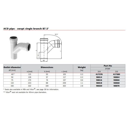 ACO Stainless Steel Socketed 87.5 Degree Swept Pipe Branch with EPDM Seal