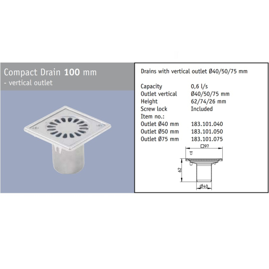 Blucher Stainless Steel Compact Vertical Drain